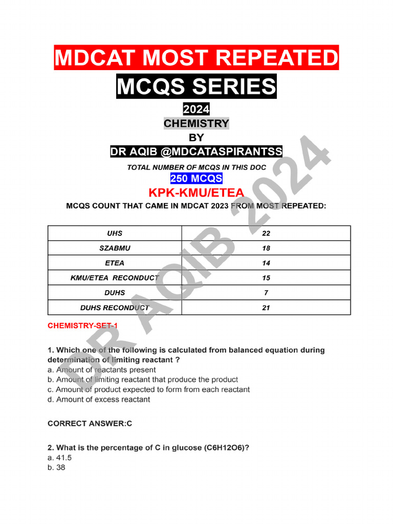 Kpk-Mdcat-Chemistry-Most Repeated Mcqs Series 2024 | PDF