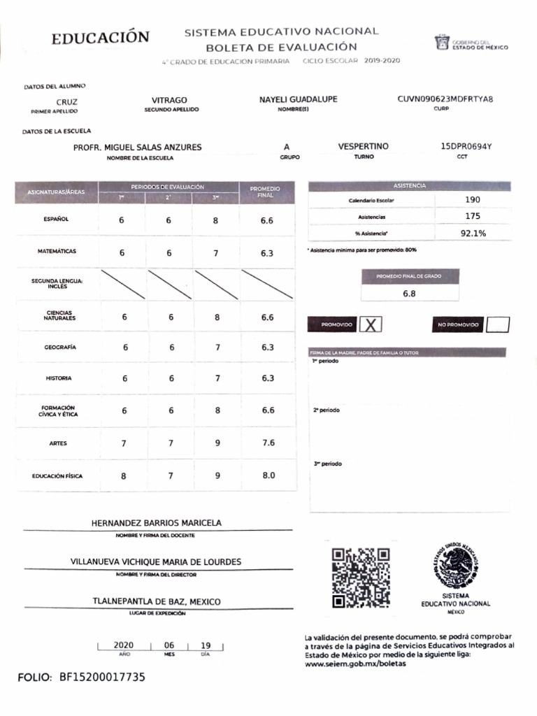 Boleta de Evaluación Escolar 2019-2020 | PDF