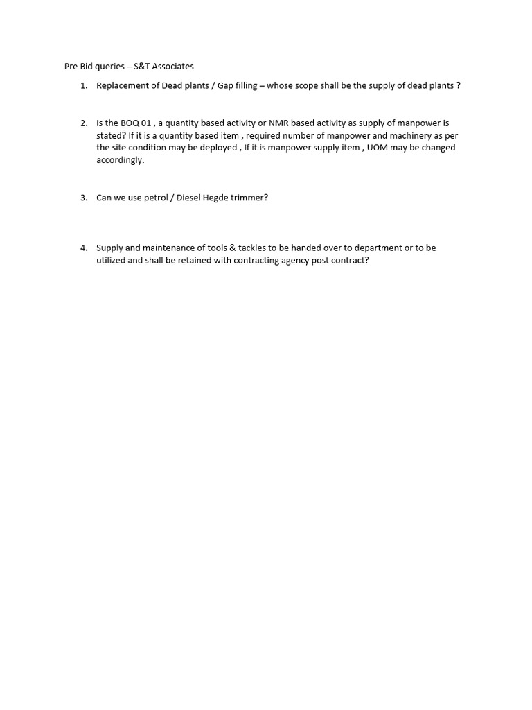 Pre Bid Queries for S&T Associates | PDF