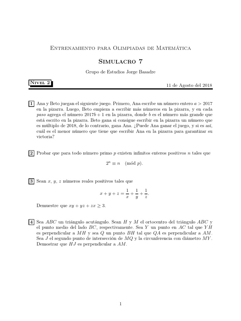 Olimpiadas Matemáticas: Simulacro 7 | PDF