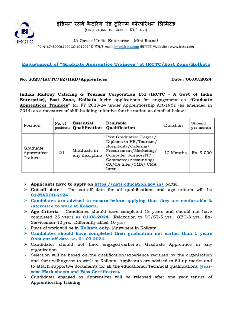 Advertisement For Graduate Apprentice 2023-24 at IRCTC-EZ-Kolkata-06!03 ...