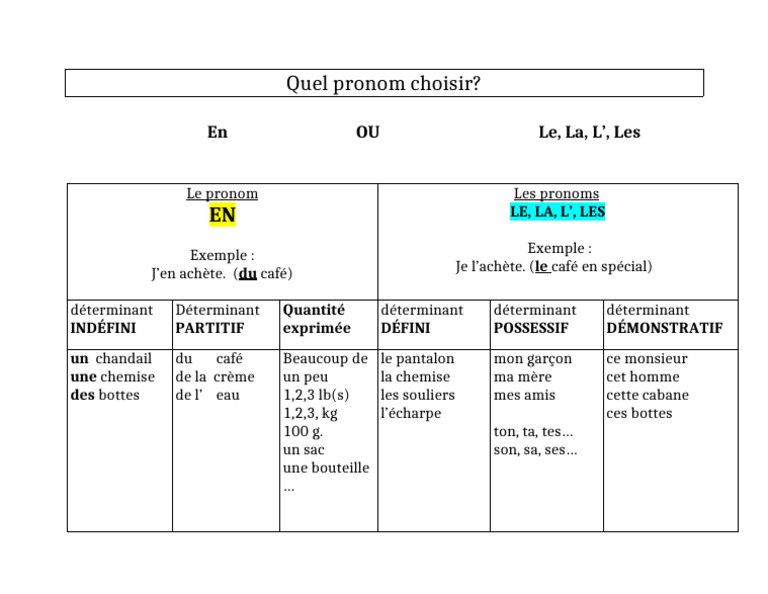 Quel Pronom Choisir - EN Versus LE, LA, LES | PDF