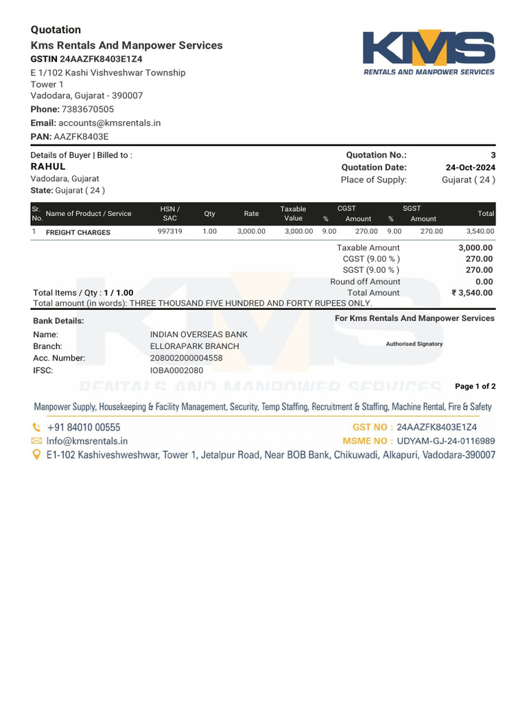 Quotation 3 RAHUL | PDF | Payments | Taxes