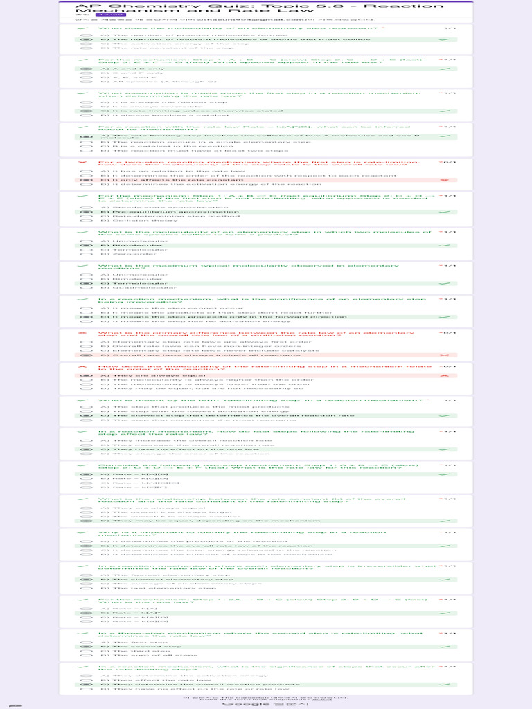 AP Chemistry Quiz Topic 5.8 - Reaction Mechanism and Rate Law | PDF ...