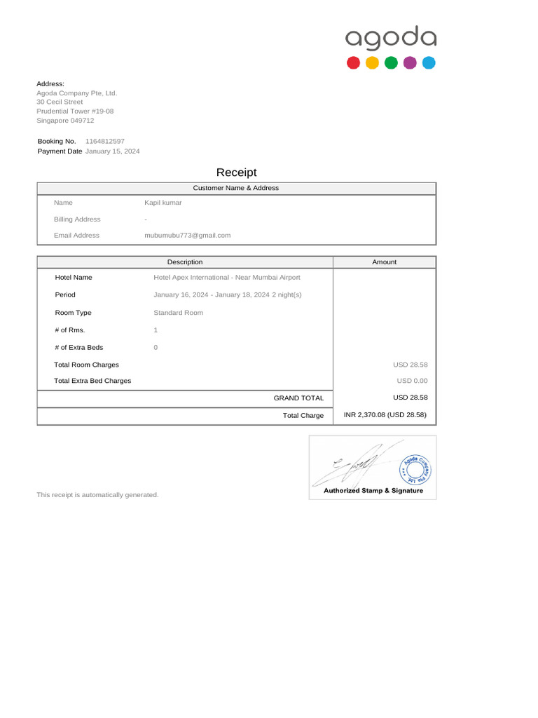 Agoda Hotel Booking Receipt - January 2024 | PDF