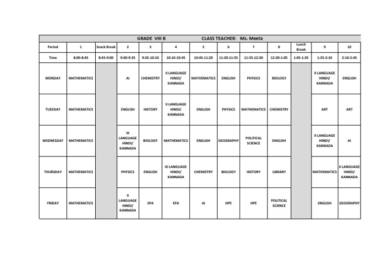 Vibgyor High - Kadugodi Grade 8B CBSE - Class Timetable | PDF