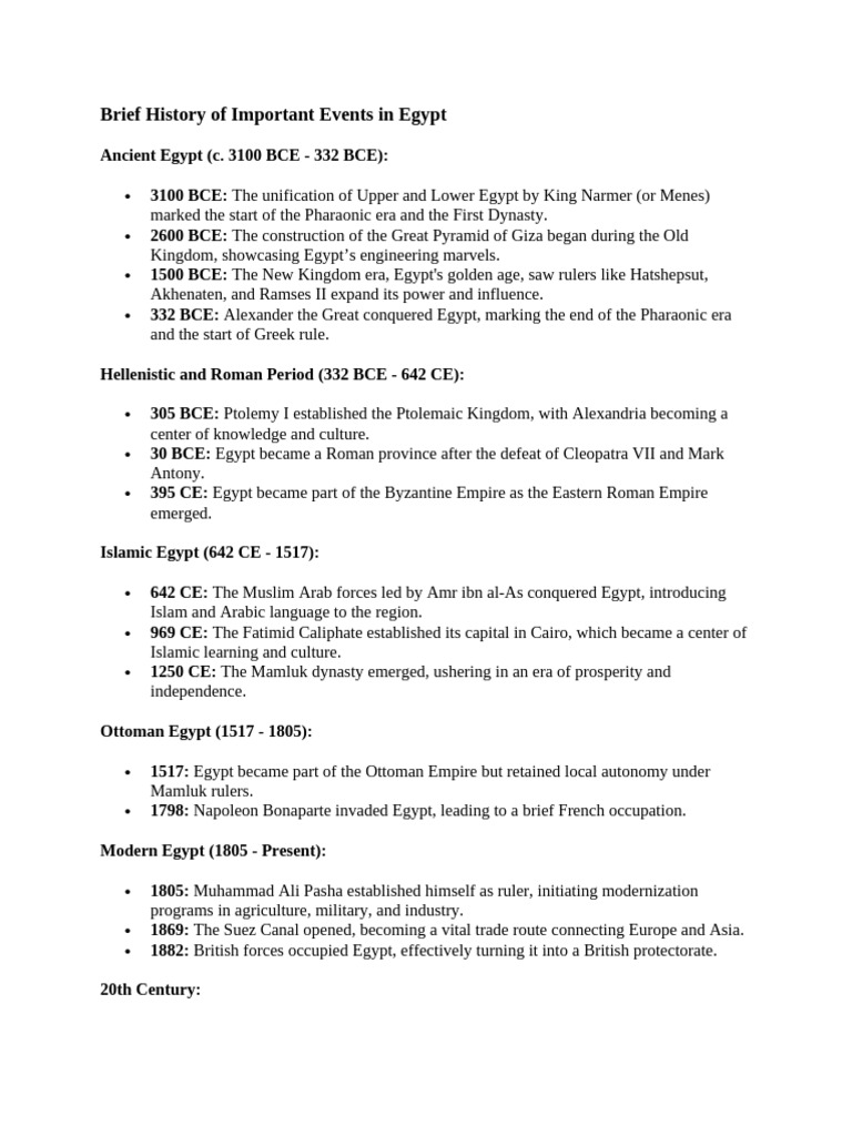 Brief History of Important Events in Egypt | PDF | Egypt | North Africa