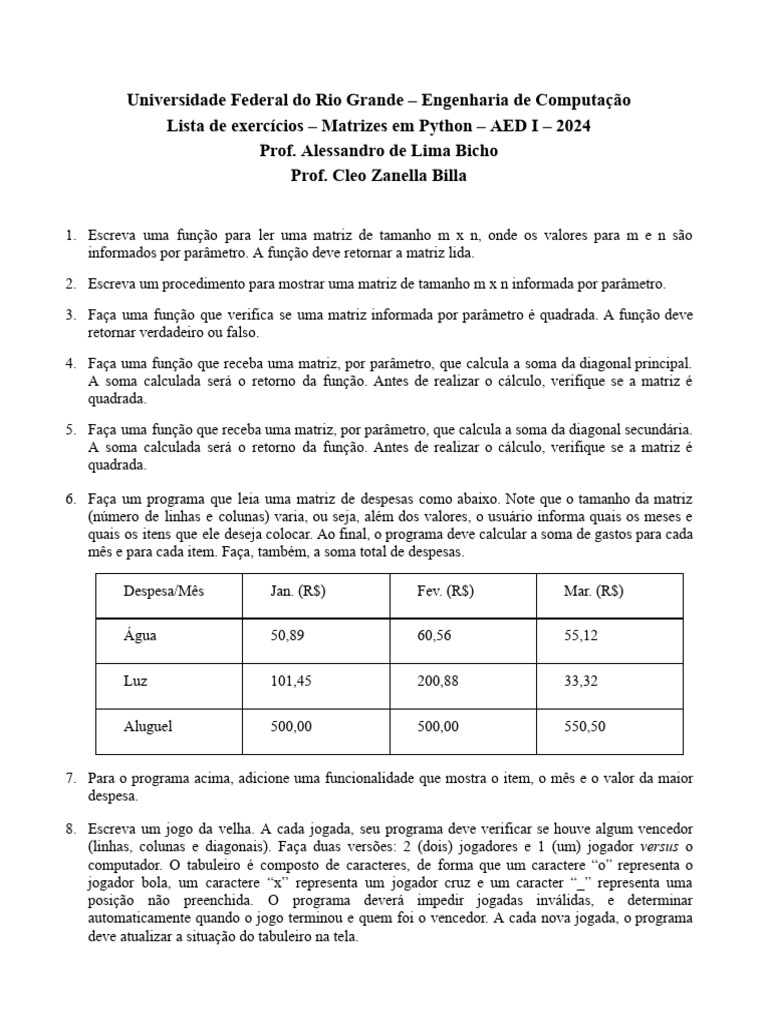 Lista de Exercícios - Matrizes - PYTHON - AED I - 2024 | PDF | Matriz (Matemática) | Parâmetro ...
