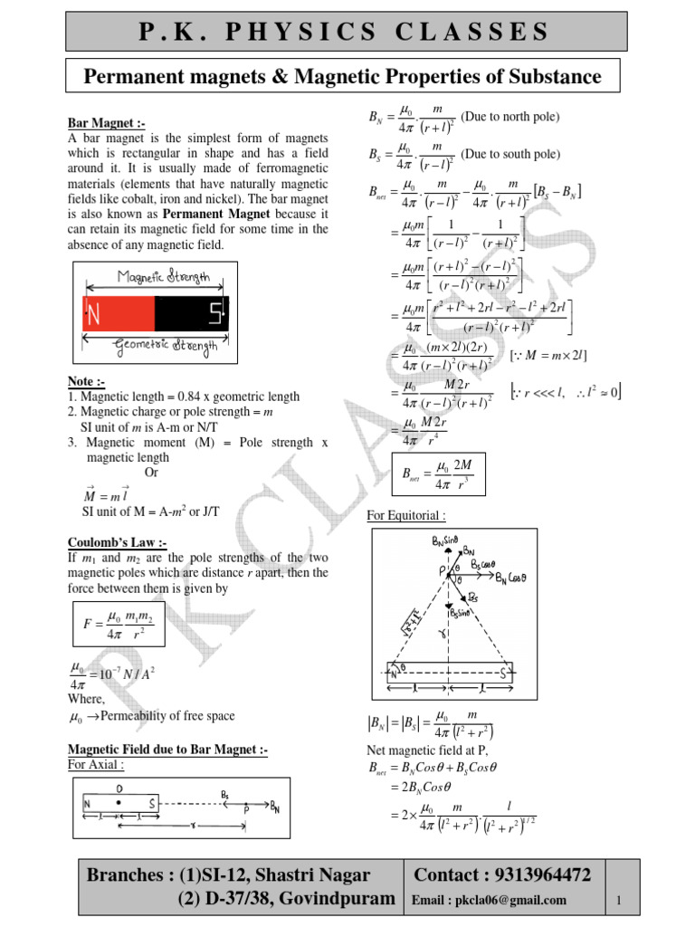 Bar Magnet Physics Concepts Explained | PDF | Magnetism | Ferromagnetism