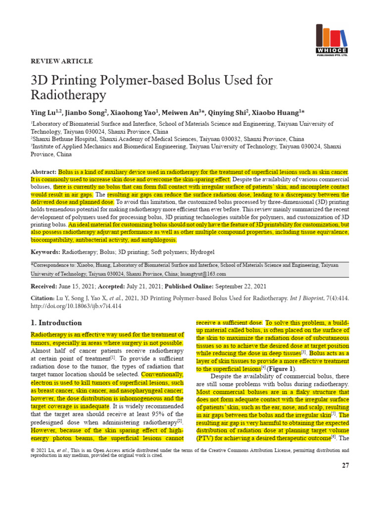3D Printing Polymer-Based Bolus Used For Radiotherapy | PDF | 3 D ...