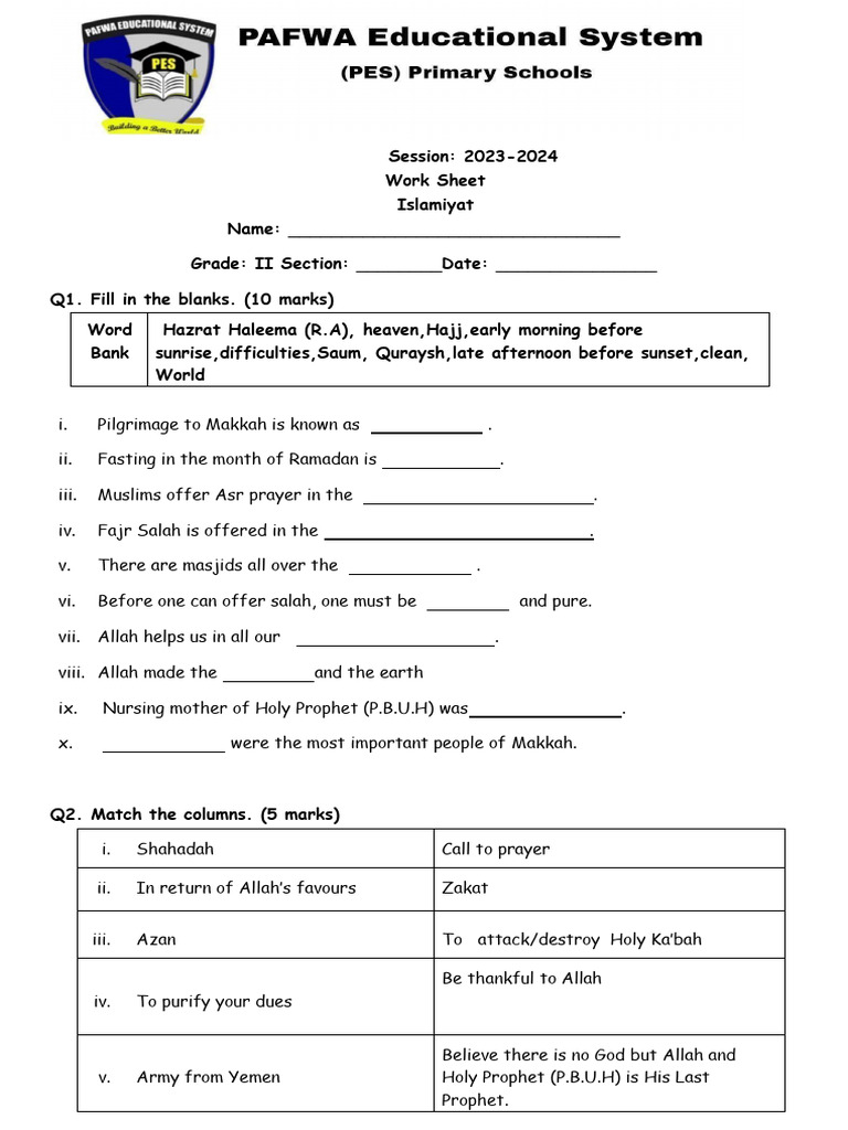 Islamiyat Worksheet for Grade II Students | PDF | Mecca | Mosque