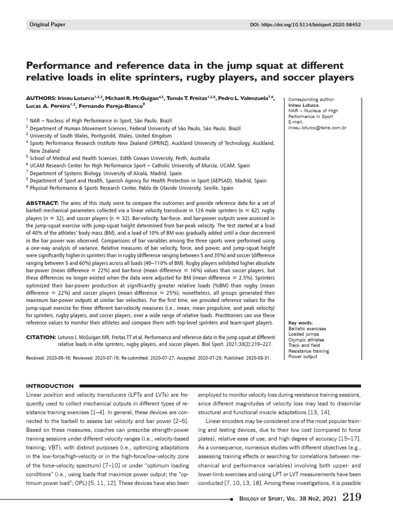 Performance and reference data in the jump squat at different relative loads in elite sprinters ...