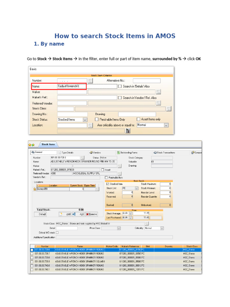 How To Search Stock Items in AMOS | PDF