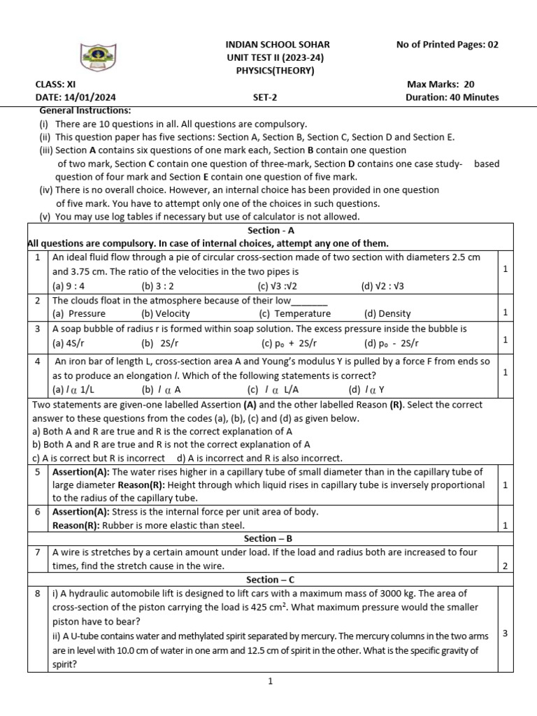 CLASS XI UT II PHYSICS (SET 2) 2023-24 | PDF | Elasticity (Physics) | Deformation (Engineering)