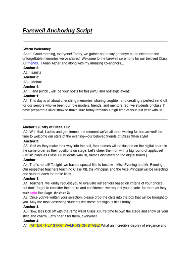Anchoring Script For Farewell Ceremony | PDF
