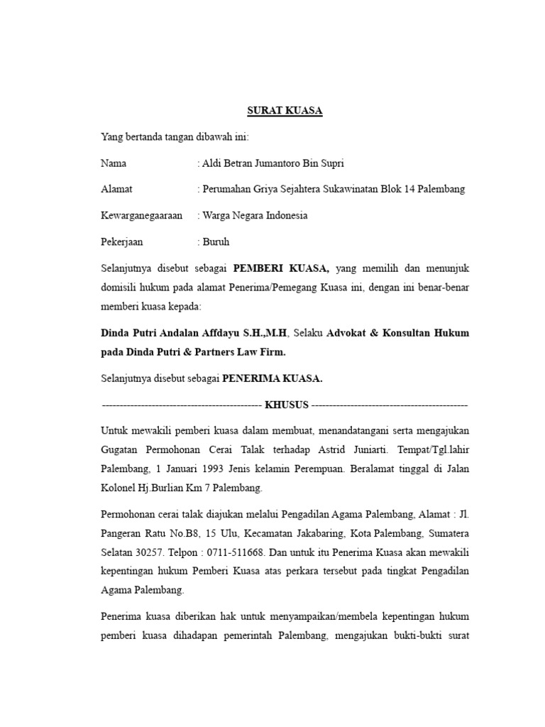 Surat Kuasa Peradilan Agama PLKH | PDF