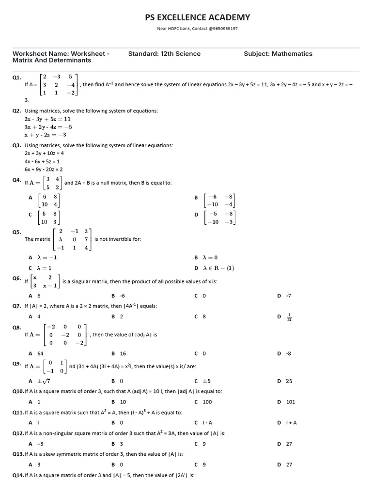 Worksheet Matrix and Determinants | PDF | Matrix (Mathematics) | Determinant