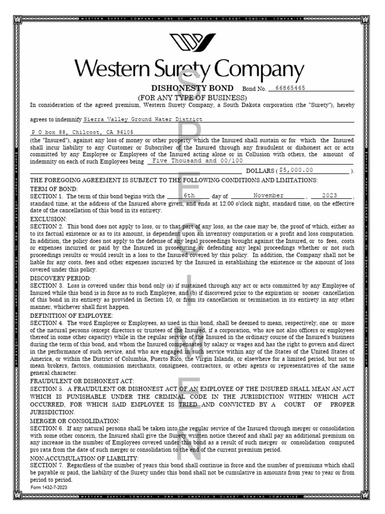 Dishonesty Bond quote | PDF | Insurance | Surety