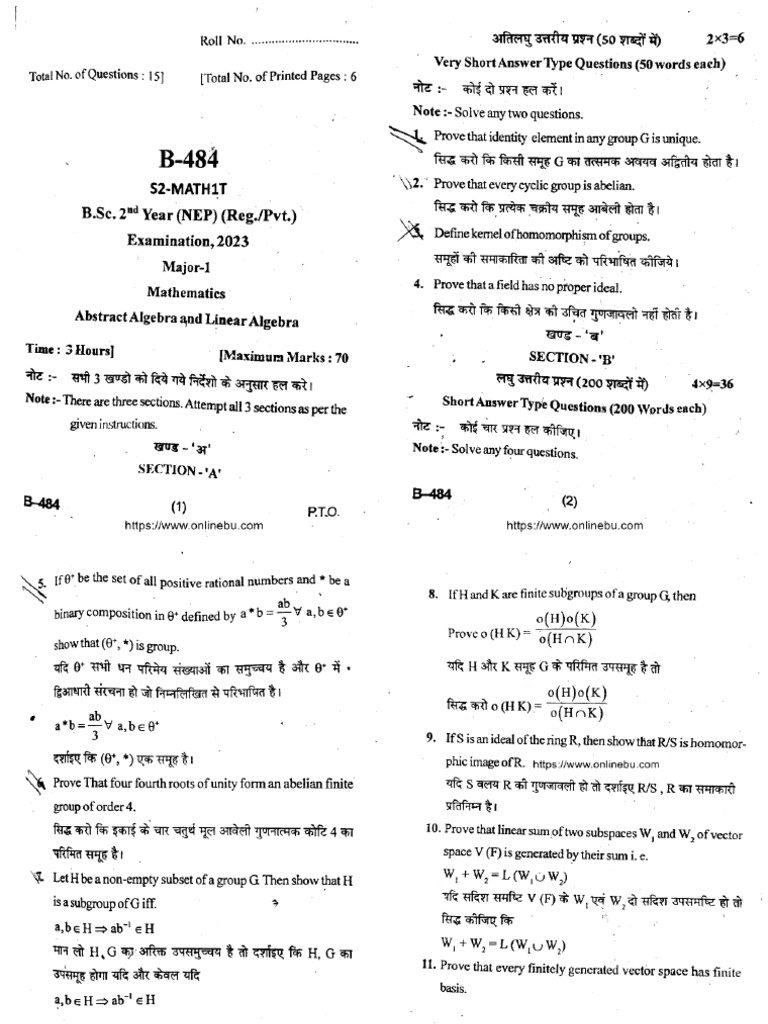 Bsc 2 Year Mathematics Abstract Algebra And Linear Algebra B 484 2023 Pdf