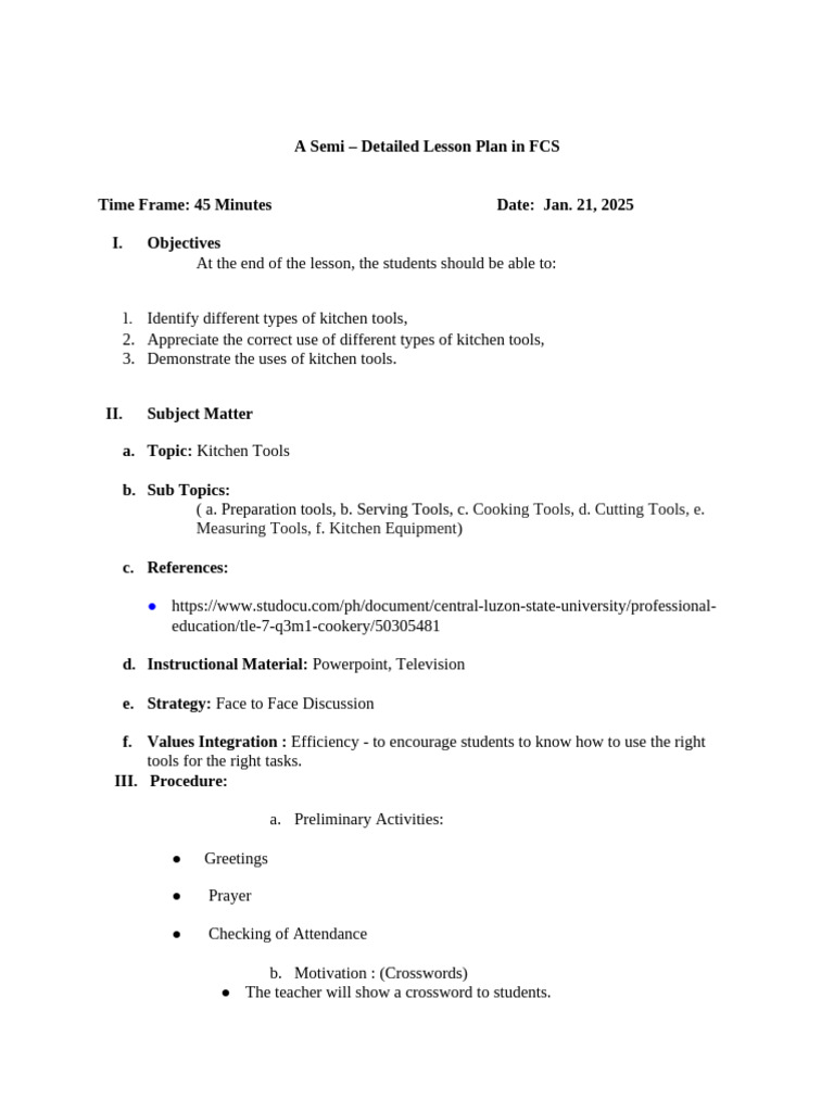 Lesson Plan in FCS (Day2) | PDF | Kitchen | Lesson Plan