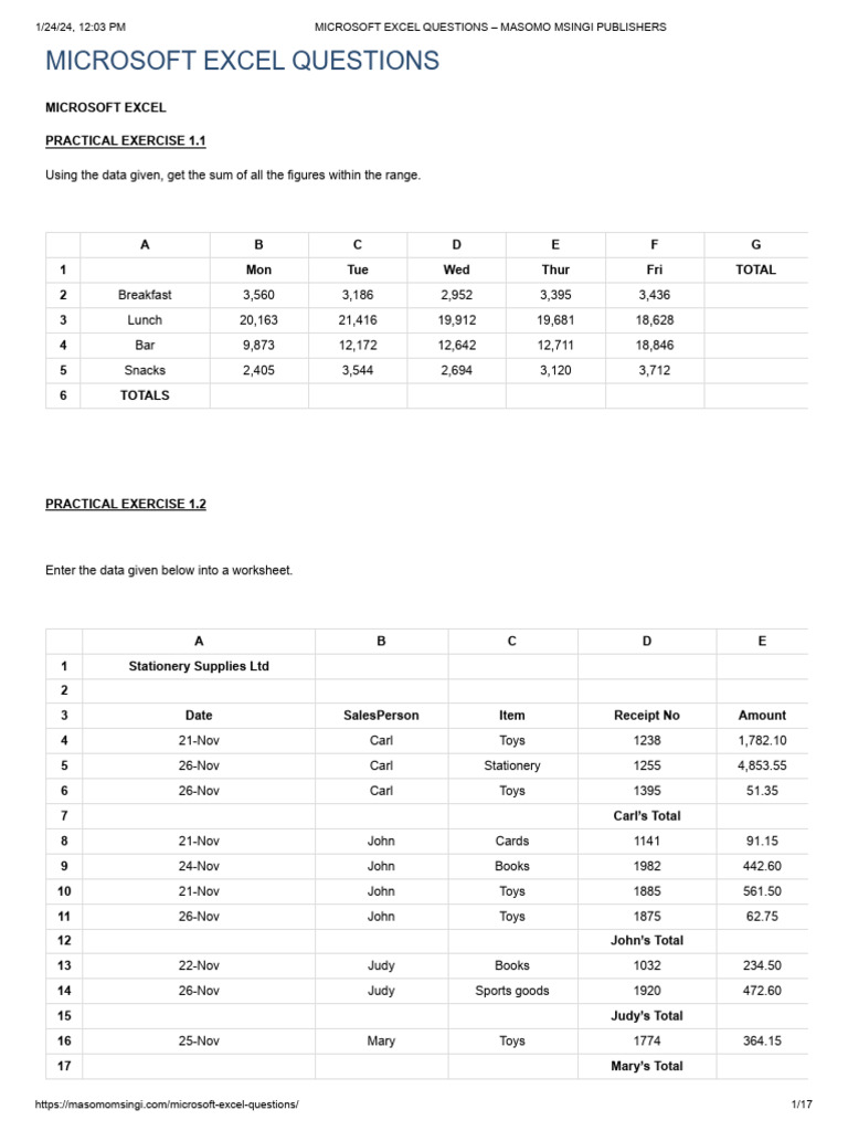 Microsoft Excel Questions - Masomo Msingi Publishers | PDF | Payroll | Worksheet