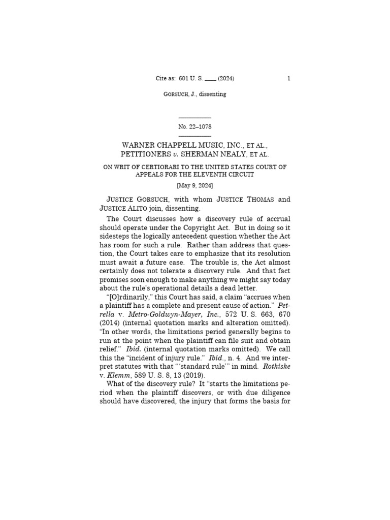 22-1078 Warner Chappell Music, Inc. v. Nealy (05 - 09 - 2024) DISSENT ...