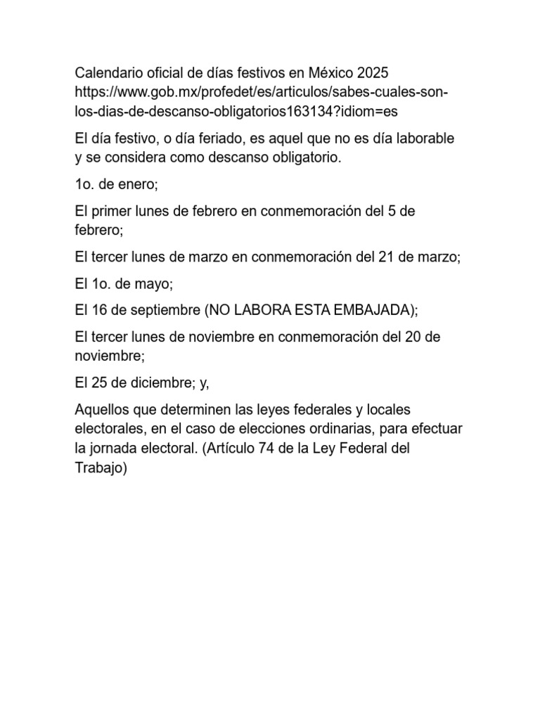 Calendario Oficial de Das Festivos en Mxico 2025 | PDF