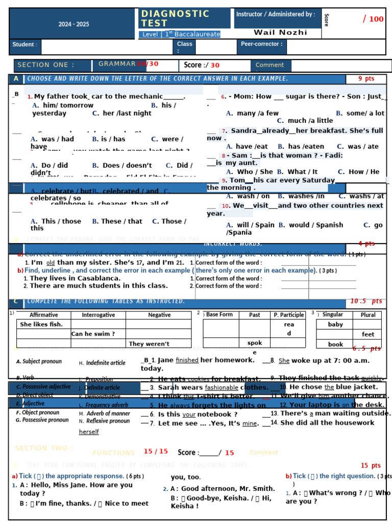 2024-2025 English Diagnostic Test | PDF | Adverb | Syntax