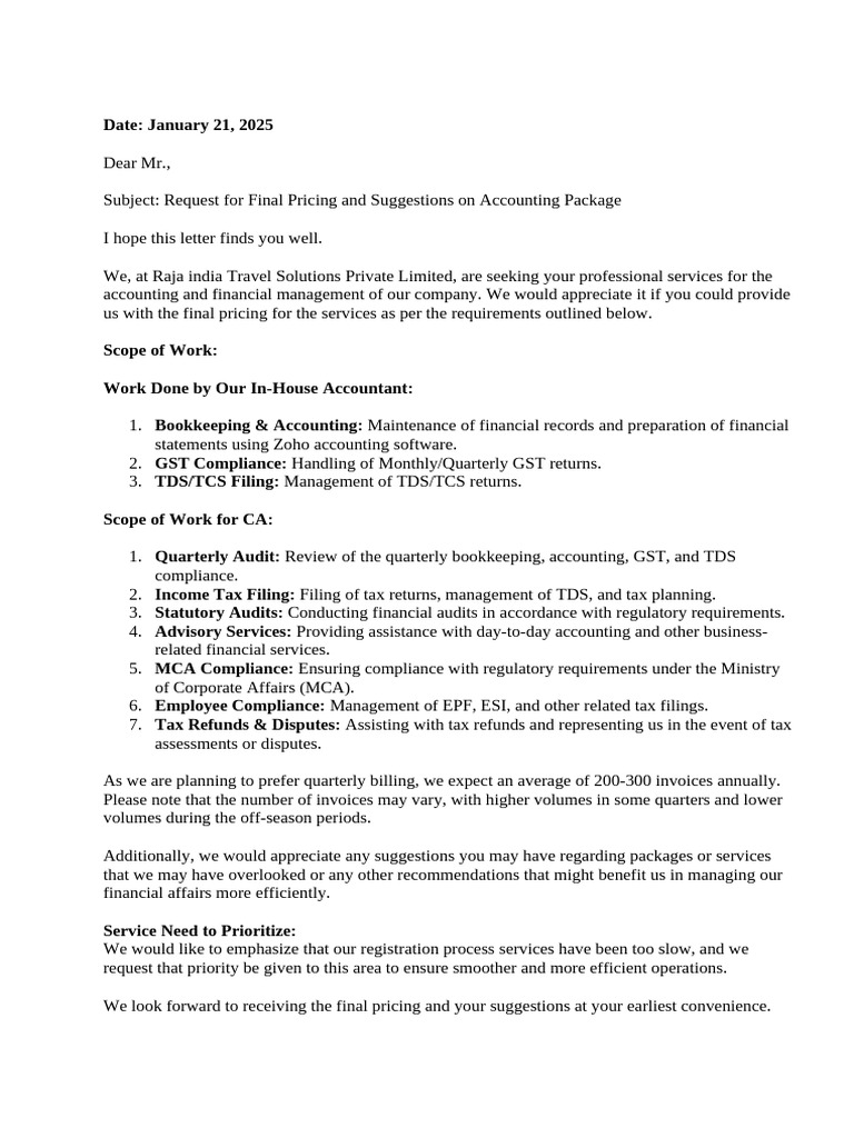 Raja India CA Letter Format For PRiceing | PDF