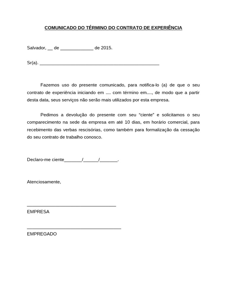 Comunicado Termino Contrato de Experiencia | PDF
