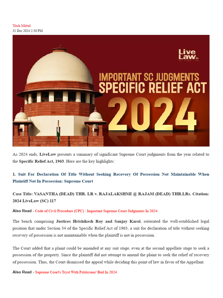 Specific_Relief_Act_Important_Judgments_By_Supreme_Court_In_2024 | PDF | Lawsuit | Specific ...
