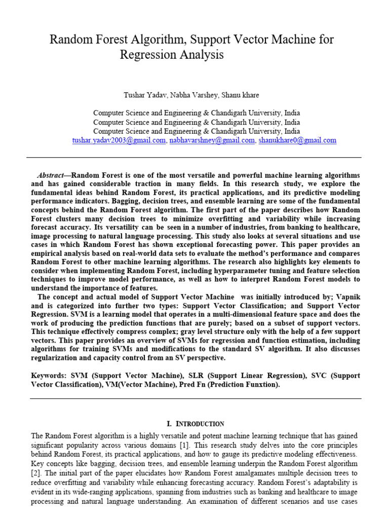 12 PAGES - Random Forest Algorithm, Support Vector Machine For Regression Analysis | PDF ...