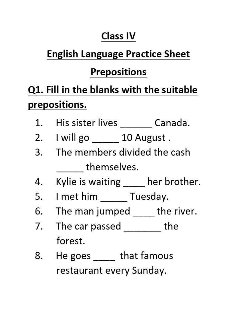 English Language Preposition Practice Sheet | PDF