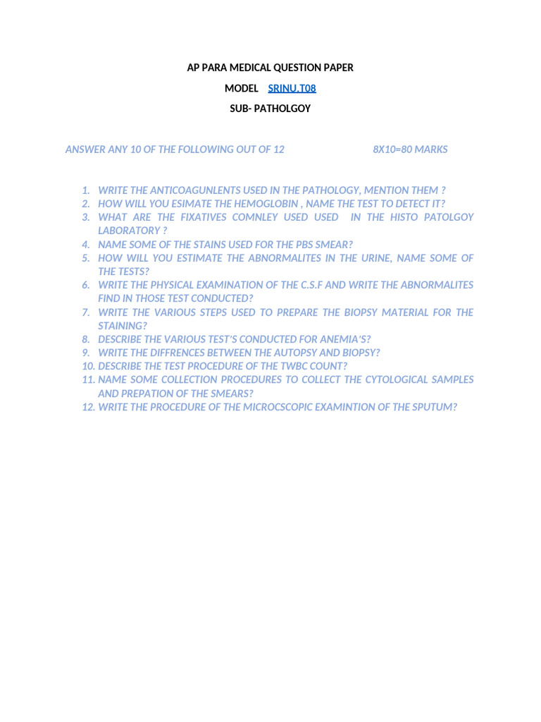 Ap para Medical Question Paper Model Sub-Patholgoy: SRINU.T08 | PDF