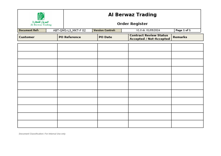ABT-QMS-L3 - MKT-F 02 - Order Register | PDF