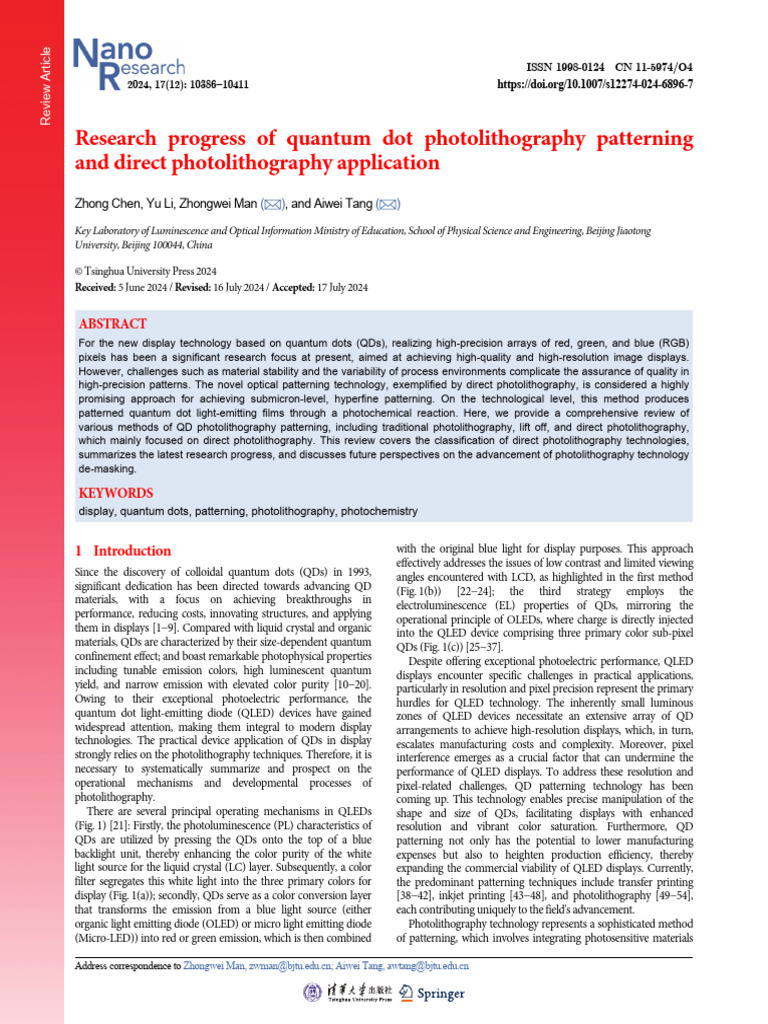 Research Progress of Quantum Dot Photolithography Patterning and Direct Photolithography ...
