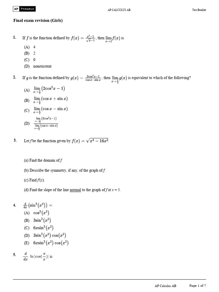 Final Exam Revision Girls AP Calculus | PDF | Derivative | Mathematical ...