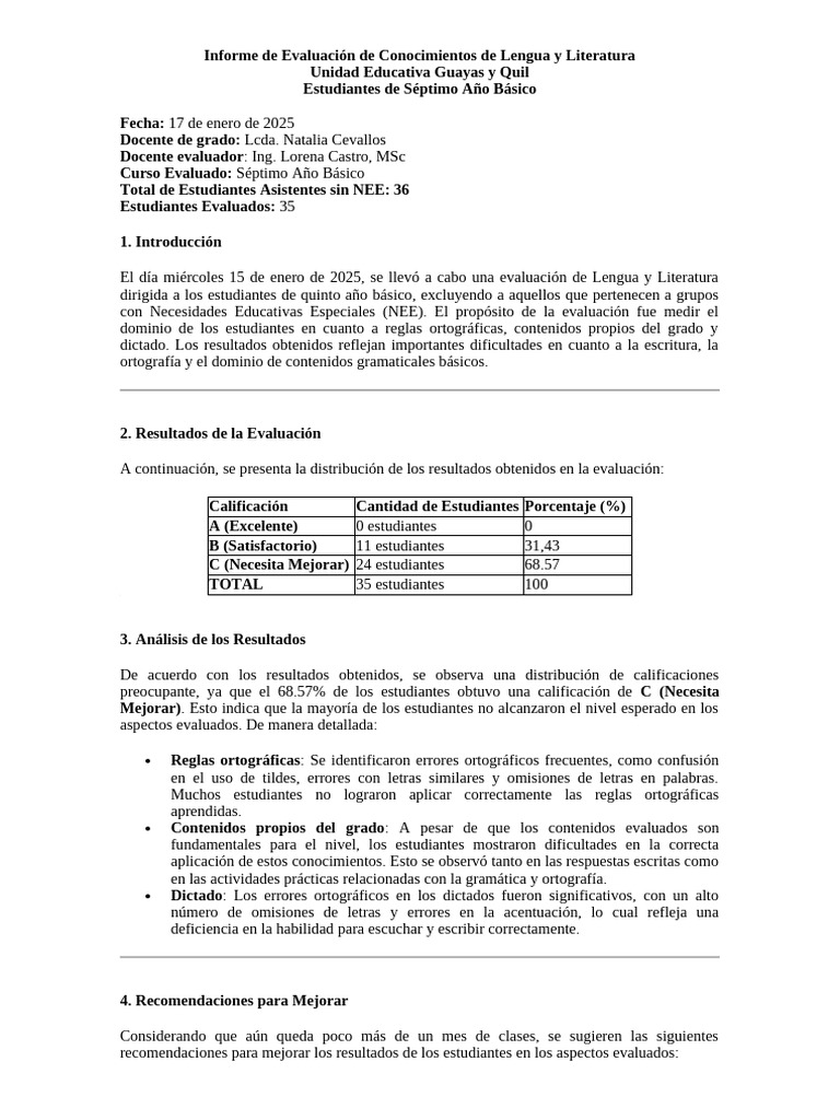 Informe de Evaluación de Conocimientos de Lengua y Literatura Septimo | PDF | Evaluación ...
