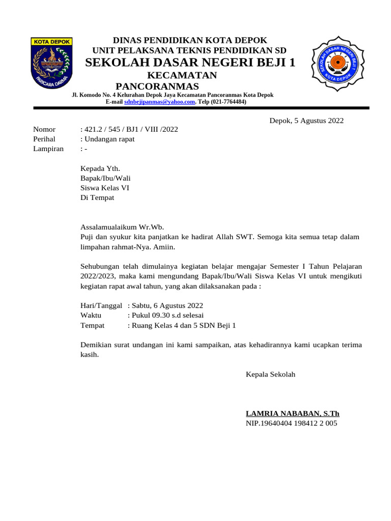 Surat Undangan Rapat Walimurid | PDF