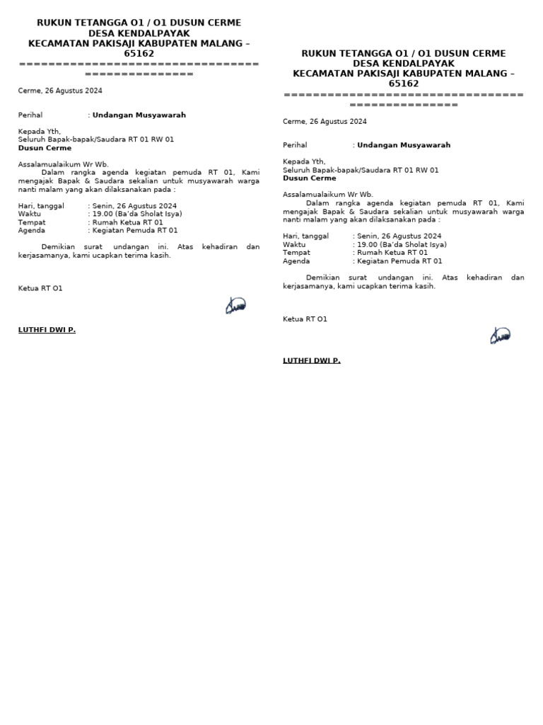 Undangan Kerja Bakti RT1 | PDF