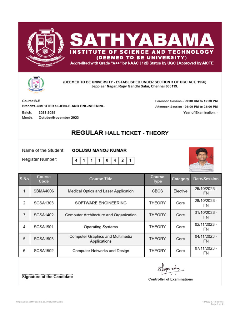 Hall ticket | PDF | Computer Engineering | Computer Science
