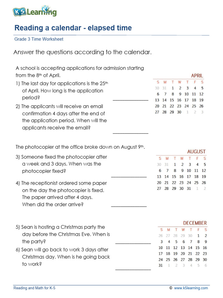 Elapsed Time Calendar Worksheet | PDF
