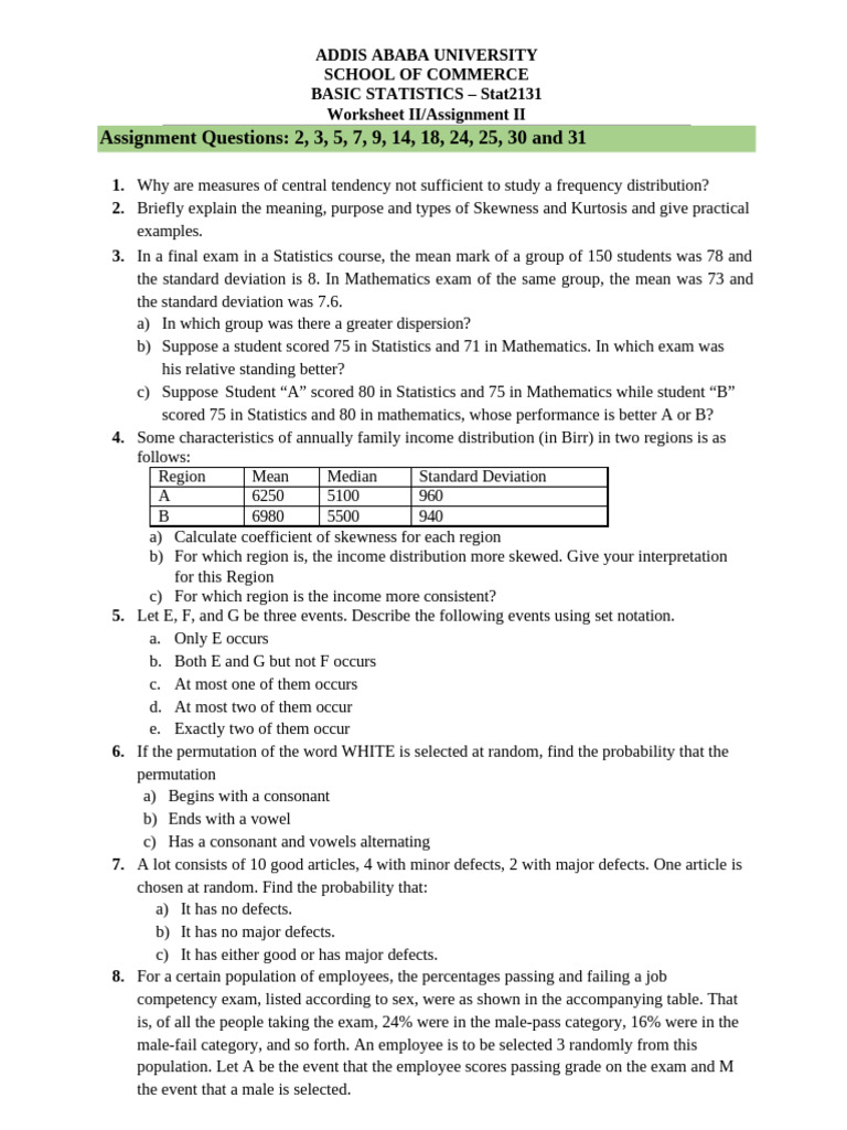 Worksheet II and Assignment II - Basic Statistics | PDF | Skewness | Statistics