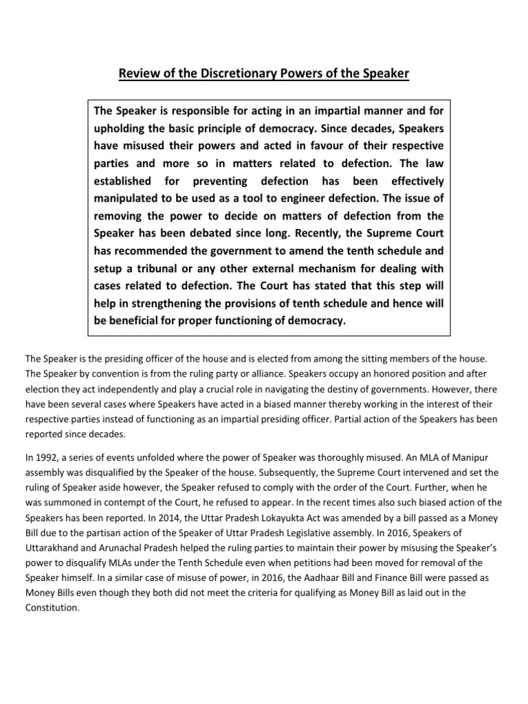 A Case For Reviewing The Discretionary Powers of The Speaker | PDF ...