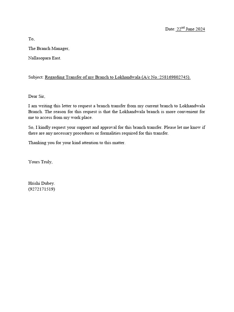 Branch TRF Letter Indusind Bank NspE | PDF