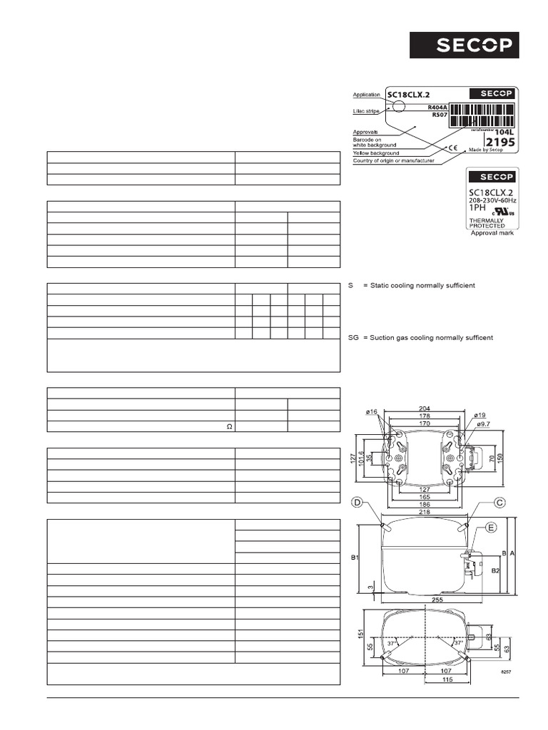 1HP sc18clx2 - 104l2195 - R404a-R507 - 220v - 60hz - 05-2016 ...