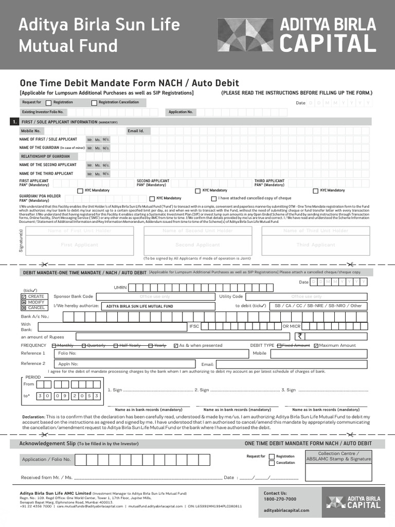 One Time Debit Mandate Form NACH | PDF | Cheque | Debit Card