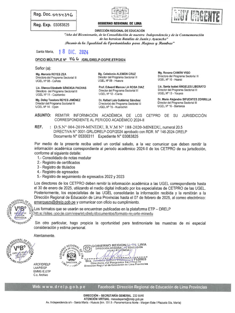 Oficio Multiple 766 Remitir Documentos de Fin de Año - Cetpro 2024 | PDF