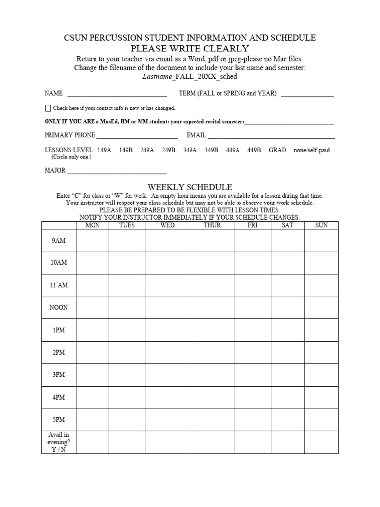 Perc Student Lesson Scheduling Sheet Rev 8-24 Fillable | PDF
