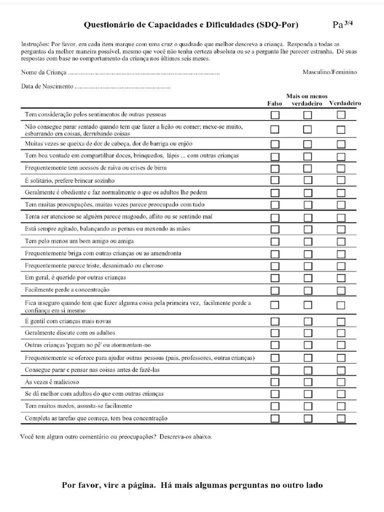 Questionário SDQ para Pais | PDF